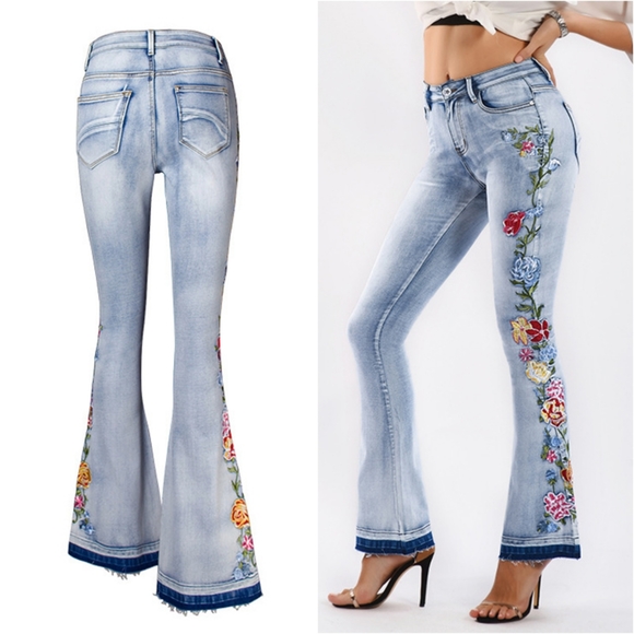 Jeans | Boho Floral Embroidery Flare Wide Leg Bottom Jeans | Poshmark